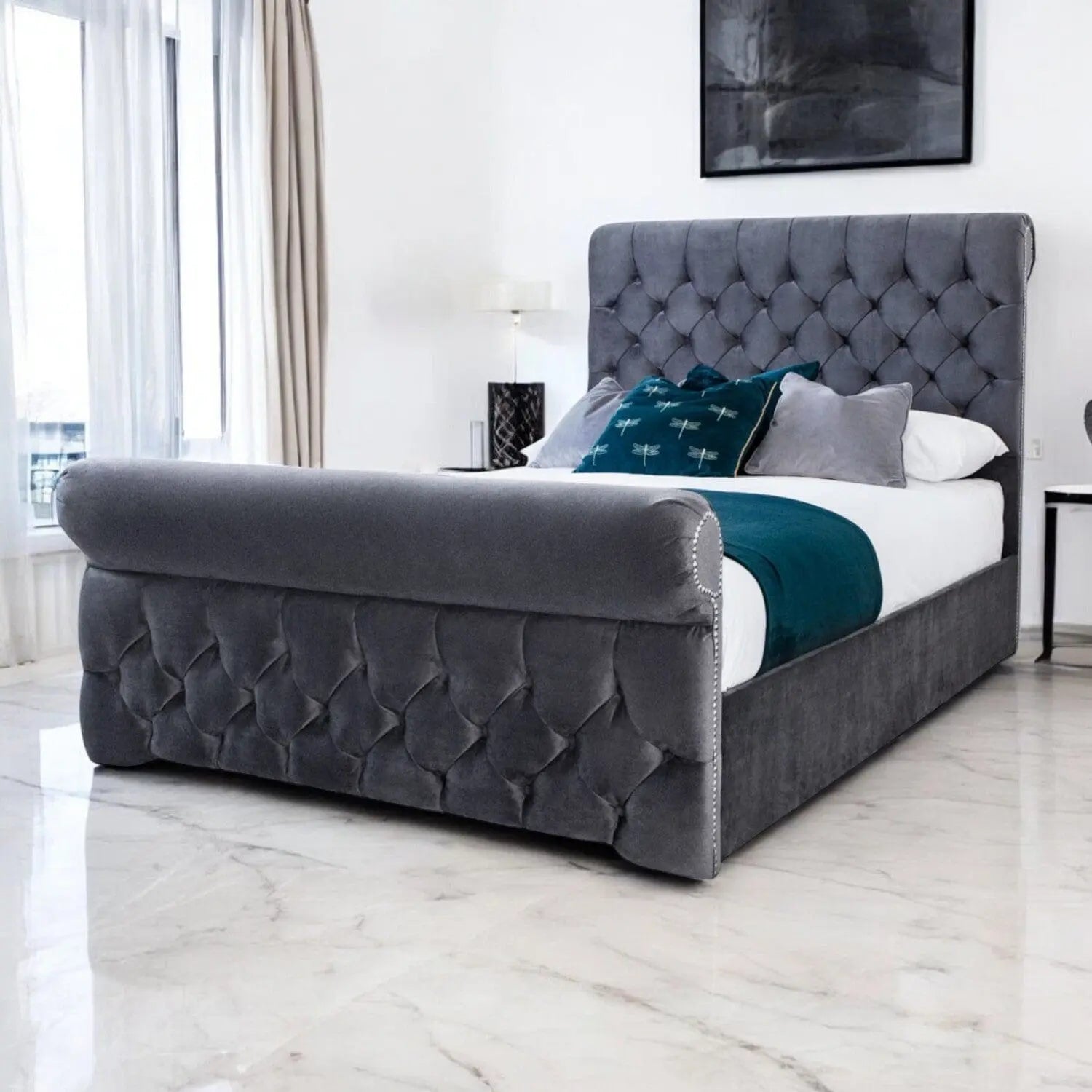 Solva Velvet Upholstered Chesterfield Sleigh Bed Frame – OAT Home