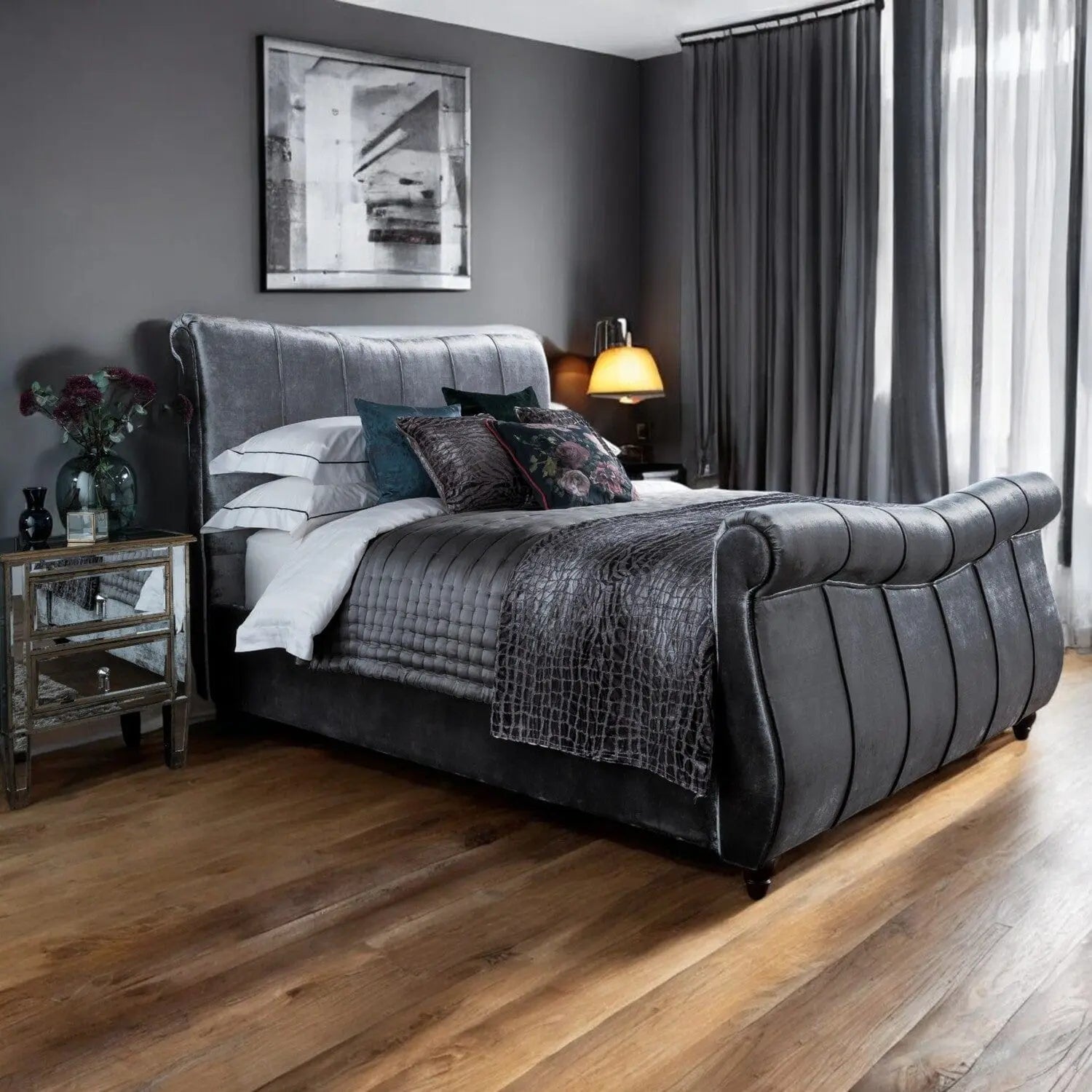 Alderley Titanium Grey Velvet Upholstered Chesterfield Sleigh Bed Frame ...