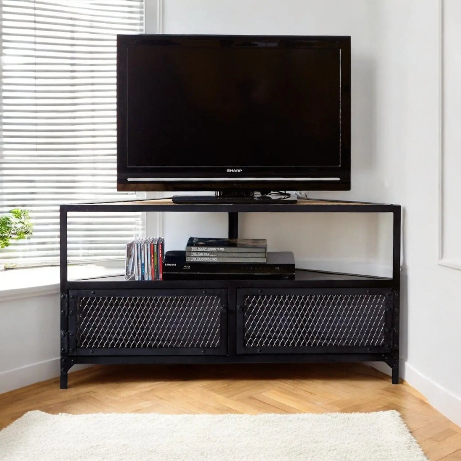 Belfast 110cm Industrial Metal & Wood Corner TV Media Unit - OAT Home