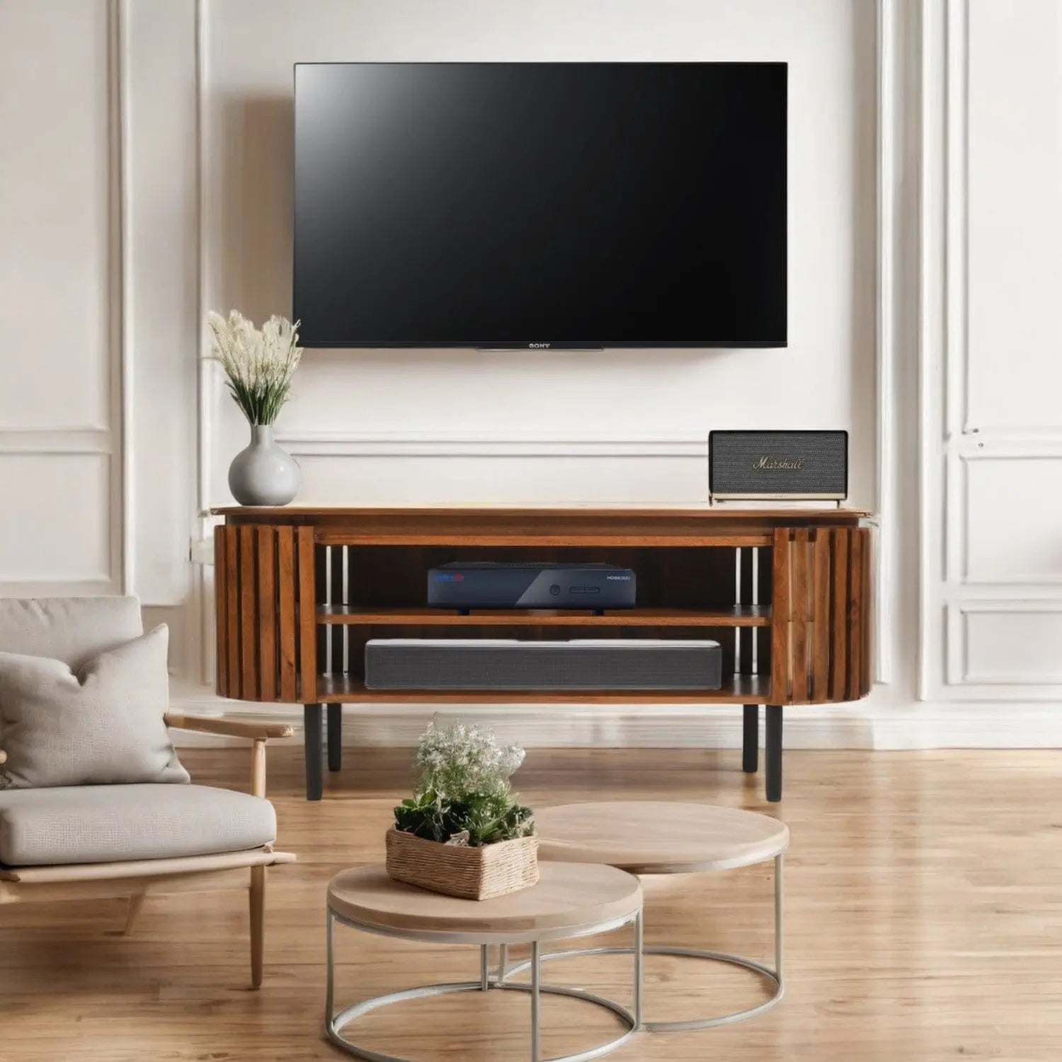 Glenariff 140cm Wooden Slatted TV Media Unit Cabinet - OAT Home