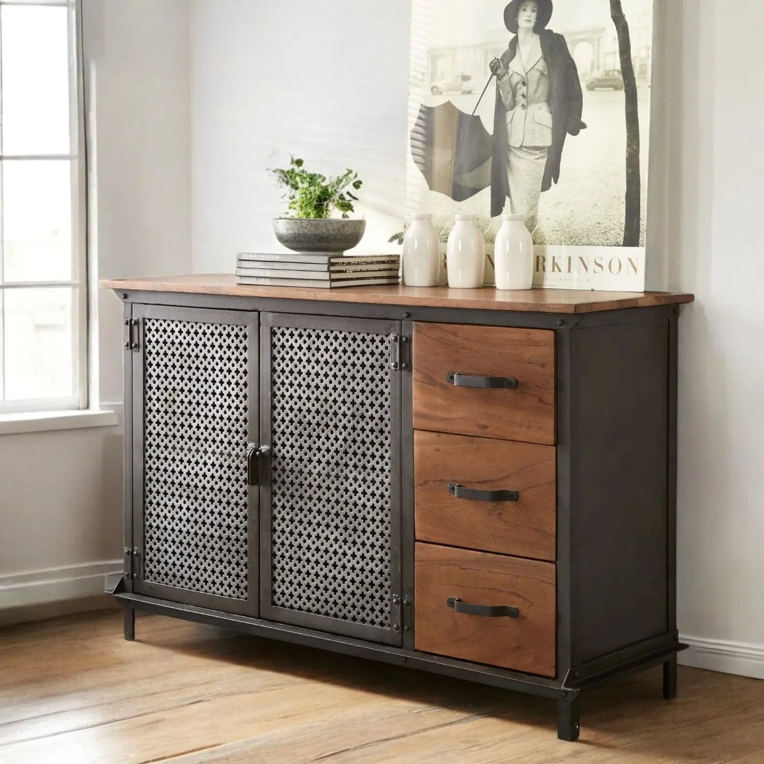 Meath Industrial Metal & Wood 2 Doors & 3 Drawer 125cm Sideboard - OAT ...