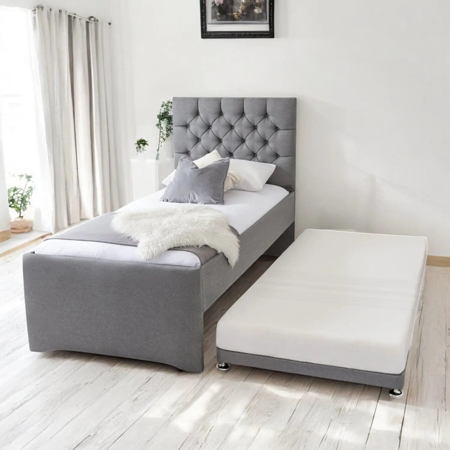 Newgale Tufted Fabric Upholstered Single Guest Bed With Trundle – OAT Home